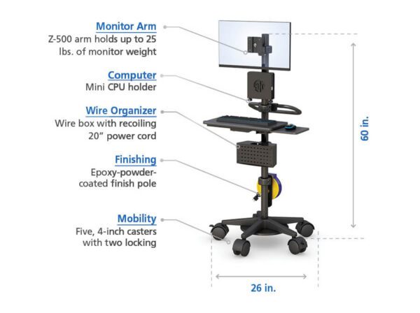 Computer Pole Medical Cart with Power Strip
