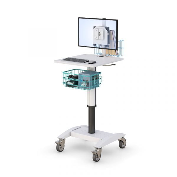 Pneumatic Cart with Double Storage Baskets, Monitor and Thin-Client PC ...